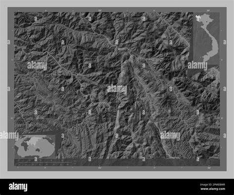 Lai Chau Province Of Vietnam Grayscale Elevation Map With Lakes And Rivers Corner Auxiliary