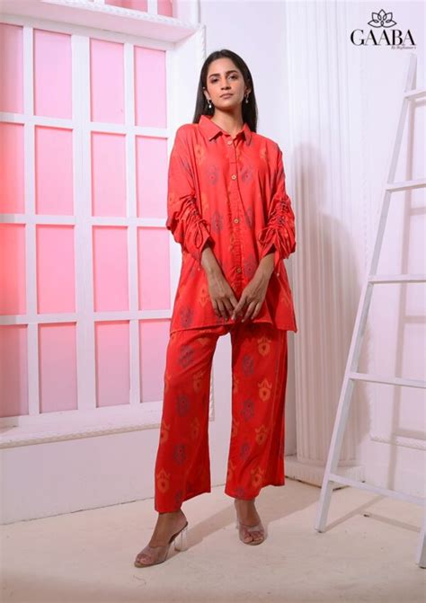 Hibiscus Red Coord Set With Different Sleeves Pattern Gaaba