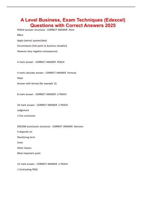 A Level Business Exam Techniques Edexcel Questions With Correct Answers 2025 Pearson