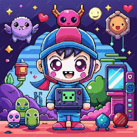 Cute Pixel Art Character Holding A Game Console In A Colorful Fantasy World Premium Ai