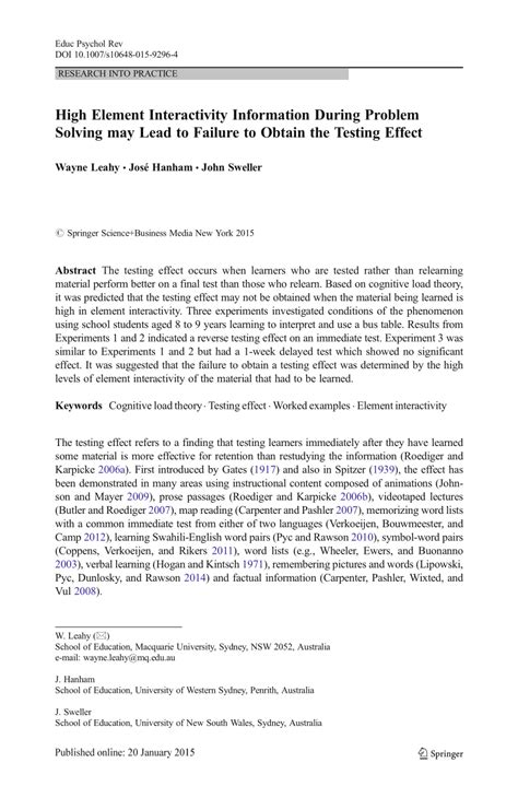 Pdf High Element Interactivity Information During Problem Solving May