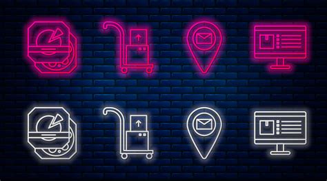 설정 라인 손 트럭과 상자 지도 용지에 자리 표시자 골판지 상자에 피자와 응용 프로그램 배달 추적 컴퓨터 모니터 벽돌 벽에