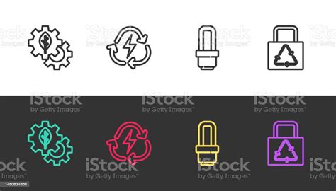 기어 기계에 라인 잎 식물 재활용 배터리 Led 전구 및 흑백에 종이 봉지를 설정합니다 벡터 Led 조명에 대한 스톡 벡터 아트 및 기타 이미지 Istock