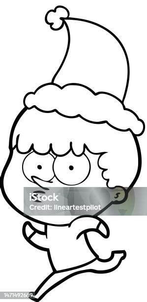 산타 모자를 쓰고 달리는 호기심 많은 소년의 손으로 그린 선 그림 귀여운에 대한 스톡 벡터 아트 및 기타 이미지 귀여운 낙서 드로잉 남자 Istock