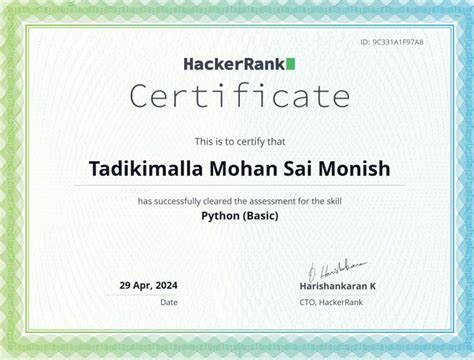 Passed Hackerrank Python Basic Certification Tadikimalla Mohan Sai