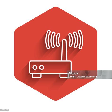 긴 그림자 배경으로 격리 된 화이트 라인 라우터 와이파이 신호 아이콘 무선 이더넷 모뎀 라우터 컴퓨터 기술 인터넷 빨간 육각 버튼 벡터 0명에 대한 스톡 벡터 아트 및 기타