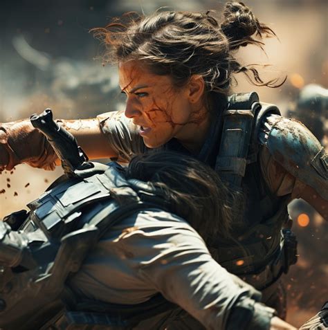 Une Femme Avec Une Arme Sur La Tête Se Bat Avec Les Mots Guerre