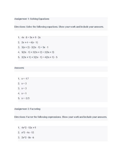 Assignment 1 Solving Equations Assignment 1 Solving Equations