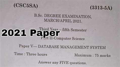 Degree 5th Sem Dbms 2021 Question Paper 5th Sem Computers Paper 5 Question Paper 2021 Dbms