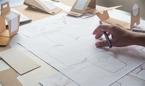 디자이너 스케치 드로잉 디자인 브라운 공예 판지 종이 제품 에코 포장 모형 상자 개발 템플릿 패키지 브랜딩 라벨 디자이너 스튜디오 개념 개념에 대한 스톡 사진 및 기타