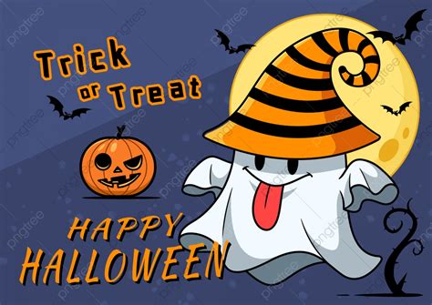 할로윈 만화 장난 유령과 달 밤 인사말 카드 나무 일러스트 템플릿 Psd 다운로드 디자인 자료 다운로드