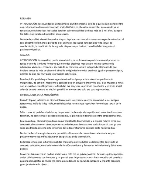 Resumen sex RESUMEN INTRODUCCION la sexualidad es un fenómeno pluridimensional debido a que
