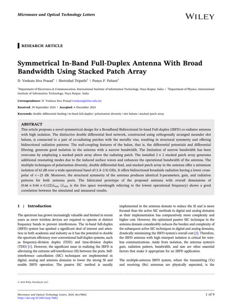 Symmetrical In‐band Full‐duplex Antenna With Broad Bandwidth Using Stacked Patch Array