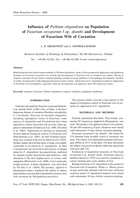 PDF Influence Of Pythium Oligandrum On Population Of Fusarium Oxysporum F Sp Dianthi And