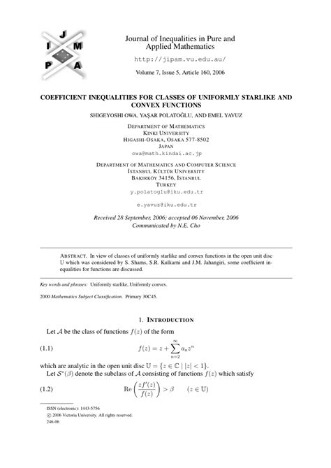 Pdf Coefficient Inequalities For Class Of Uniformly Starlike And
