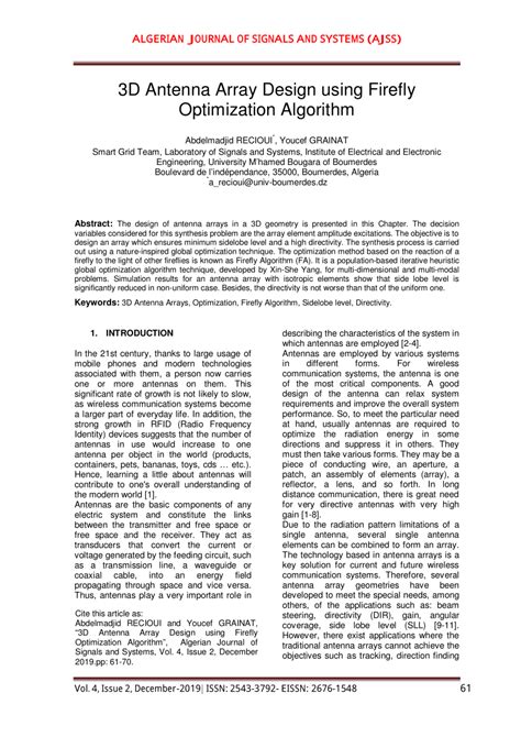 Pdf 3d Antenna Array Design Using Firefly Optimization Algorithm