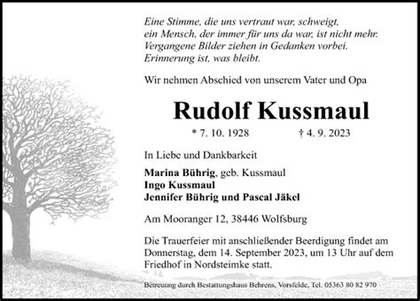 Traueranzeigen Von Rudolf Kussmaul Trauer Anzeigende