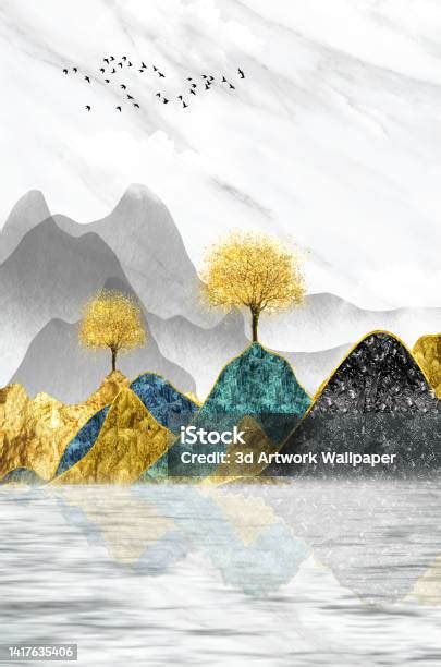 3d 중국 풍경 회색 배경 황금 나무와 새들은 다채로운 산과 흰색 배경 캔버스 아트 프린트 용 금색에 대한 스톡 사진 및 기타 이미지 Istock