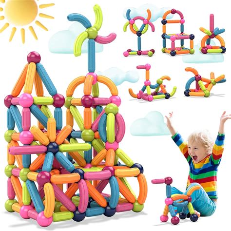 Aomola 74피스 자석 공 및 막대 세트 장난감 1 3세 아동용 빌딩 스틱 블록 Diy 3d 교육용 티몬