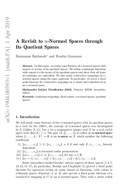Pdf A Revisit To N Normed Spaces Through Its Quotient Spaces Hendra