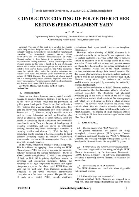 Pdf Conductive Coating Of Polyether Ether Ketone Peek Filament Yarn