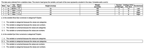 Solved The Data Were Collected From Statistics Class The Column