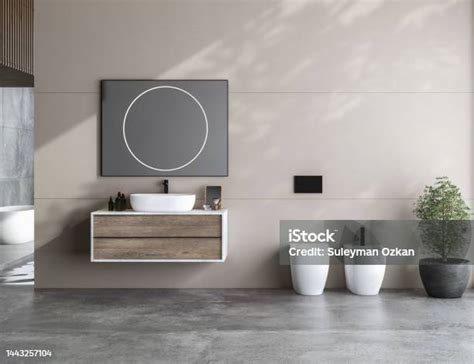 콘크리트 바닥 흰색 욕조 2개 세면대 내부 수영장 식물 측면 전망이 있는 베이지색 욕실 인테리어 현대적인 가구와 도시 전망을 갖춘 미니멀한 욕실 3d 렌더링 0명에 대한