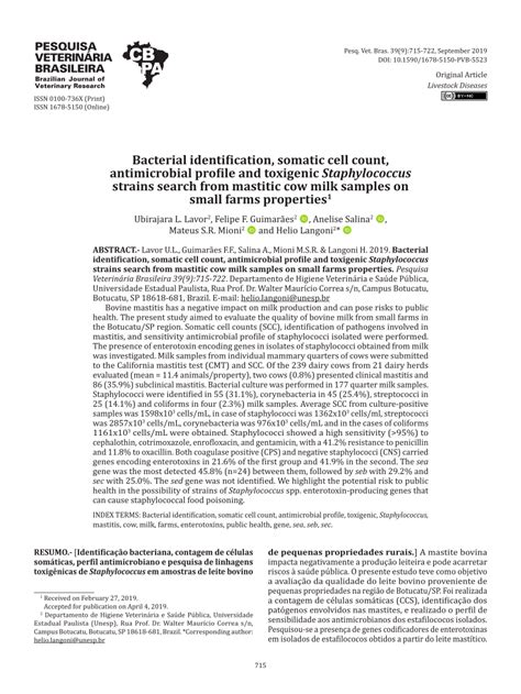 Pdf Bacterial Identification Somatic Cell Count Antimicrobial Profile And Toxigenic