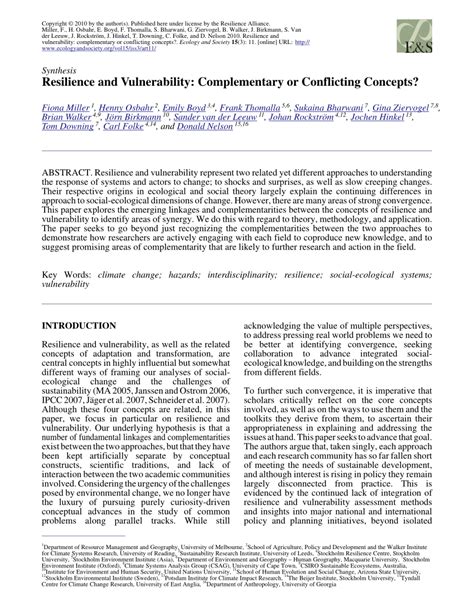 Pdf Resilience And Vulnerability Complementary Or Conflicting Concepts