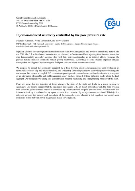 Pdf Injection Induced Seismicity Controlled By The Pore Pressure Rate