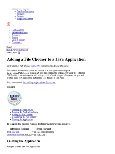 adding a file chooser to a java application pdf net beans applications and software