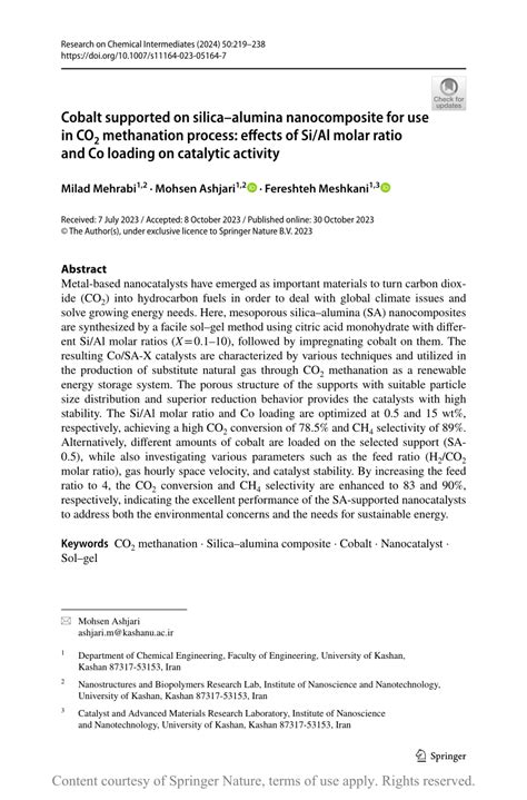 Cobalt Supported On Silicaalumina Nanocomposite For Use In Co2 Methanation Process Effects Of