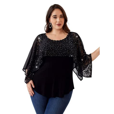 Lapaplus Women Plus Size Tops Elegant Sequins Shirt Lace Half Sleeve