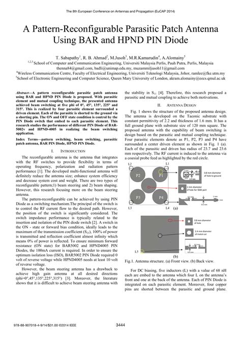 Pdf A Pattern Reconfigurable Parasitic Patch Antenna Using Bar And