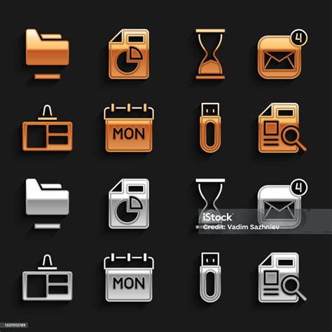 캘린더 봉투 그래프 차트 Usb 플래시 드라이브 식별 배지 오래된 모래 시계 폴더 및 아이콘이있는 문서 벡터 Usb 케이블에 대한 스톡 벡터 아트 및 기타 이미지 Istock