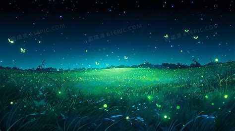 夜晚草丛中漂亮的萤火虫满天繁星的夜景插画背景图片下载 2912x1632像素JPG格式 编号vwkfpeo02 图精灵