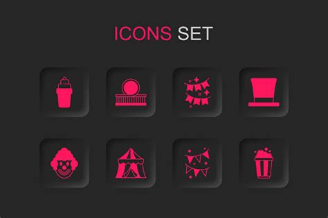 서커스 텐트 롤러코스터 와플 아이스크림 깃발이 달린 카니발 화환 실린더 모자 팝콘 판지 상자 광대 머리 아이콘을 설정하세요 벡터