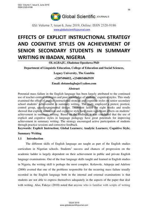 Pdf Effects Of Explicit Instructional Strategy And Cognitive Styles On Achievement Of Senior