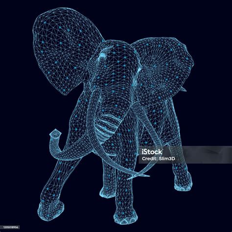 어두운 배경에 빛나는 조명과 파란색 라인에서 코끼리의 와이어 프레임 움직이는 다각형 코끼리 3d 벡터 일러스트레이션 코끼리에 대한 스톡 벡터 아트 및 기타 이미지 Istock