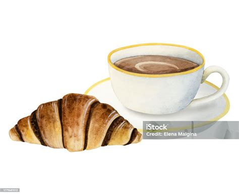 초콜릿 프랑스 크로와상 수채화 그림과 화이트 커피 컵 커피 브레이크 아침 식사 메뉴 초대장에 대 한 흰색 배경에 고립 수채화에 대한 스톡 벡터 아트 및 기타 이미지 Istock
