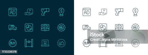 라인 현금 위치 핀 스택 지폐 현금 쇼핑 카트 화면 노트북 파이 차트 인포 그래픽 스캐너 스캔 바코드 광고 및 배달 손과 상자 아이콘을 설정합니다 벡터 가격에 대한 스톡