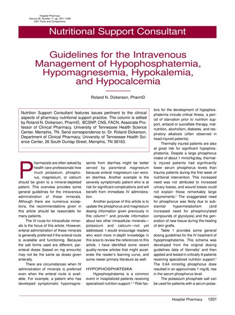 Pdf Guidelines For The Intravenous Management Of Hypophosphatemia Hypomagnesemia Hypokalemia