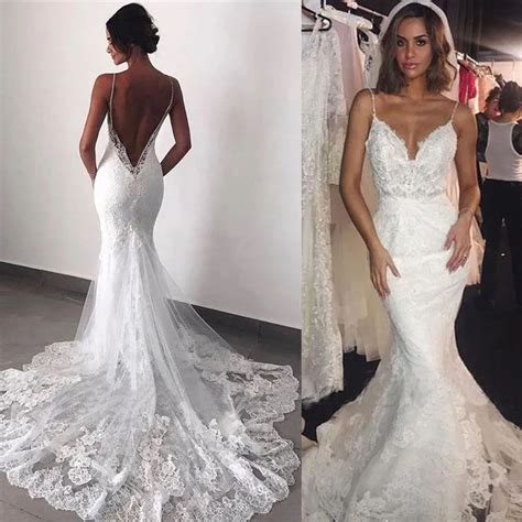 Sexy White Mermaid Wedding Dress Lace Backless Spaghetti Straps