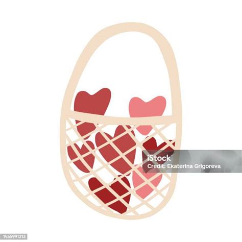 하트 사랑의 상징 발렌타인 데이 벡터 일러스트 레이 션으로 가득 찬 귀여운 끈 가방 손으로 그린 메쉬 쇼핑백과 플라이 아웃 하트 가득 찬에 대한 스톡 벡터 아트 및 기타