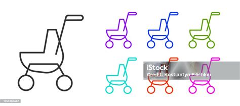 흰색 배경에 격리 된 블랙 라인 유모차 아이콘 유모차 버기 유모차 유모차 바퀴 다채로운 아이콘을 설정합니다 벡터 0명에 대한 스톡 벡터 아트 및 기타 이미지 Istock