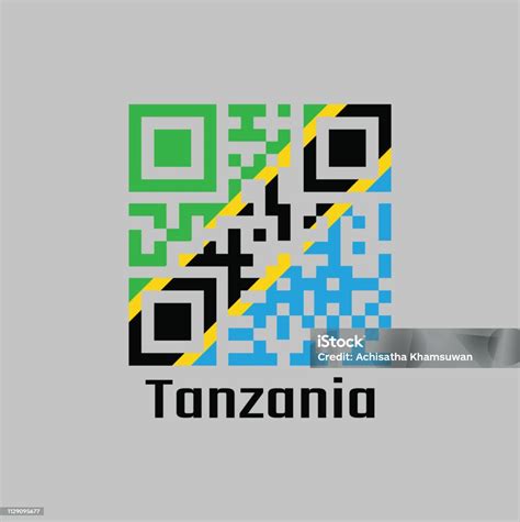 Qr 코드는 탄자니아 플래그의 색을 설정합니다 노란 가장자리가 검은 대각선 밴드 녹색 삼각형 및 파란 삼각형 0명에 대한 스톡 벡터 아트 및 기타 이미지 Istock