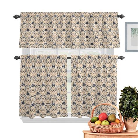 Baroque Pattern Kitchen Curtains Valances 3 Piece Set Blue Pink