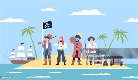 해적 섬 만화 도둑은 나무 상자를 가진 선원을 배에 실었습니다 해적들은 바닷가에 보물을 숨겼습니다 해적과 팀 해양 모험 최근