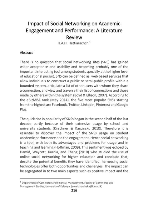 Pdf Impact Of Social Networking On Academic Engagement And Performance A Literature Review