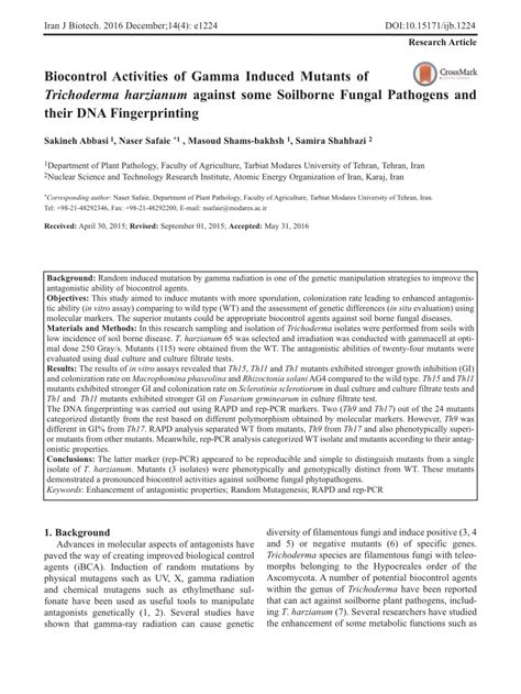 Pdf Biocontrol Activities Of Gamma Induced Mutants Of Trichoderma Harzianum Against Some